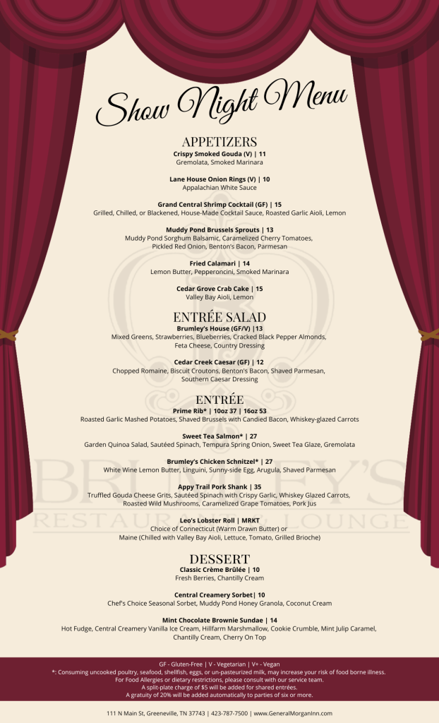 Show Night Menu – The General Morgan Inn and Conference Center