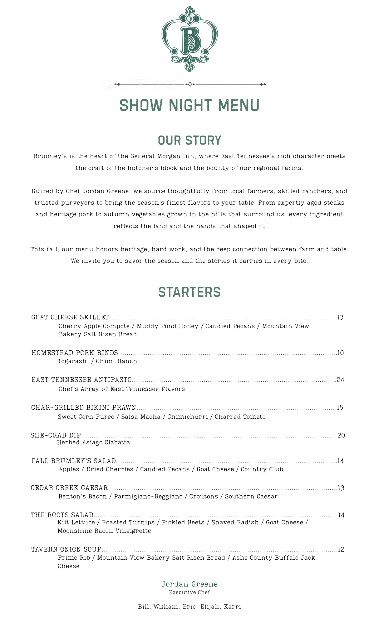 Show Night Menu – The General Morgan Inn and Conference Center